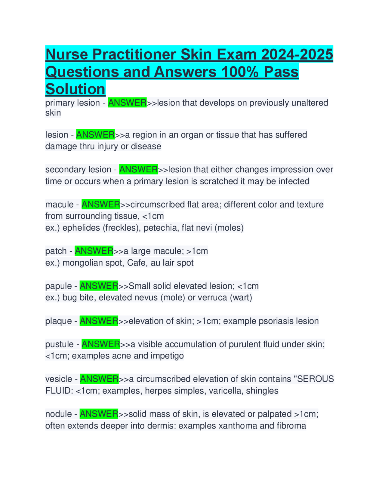 Nurse Practitioner Skin Exam 2024-2025 Questions and Answers 100% Pass Solution | Exams Nursing ...
