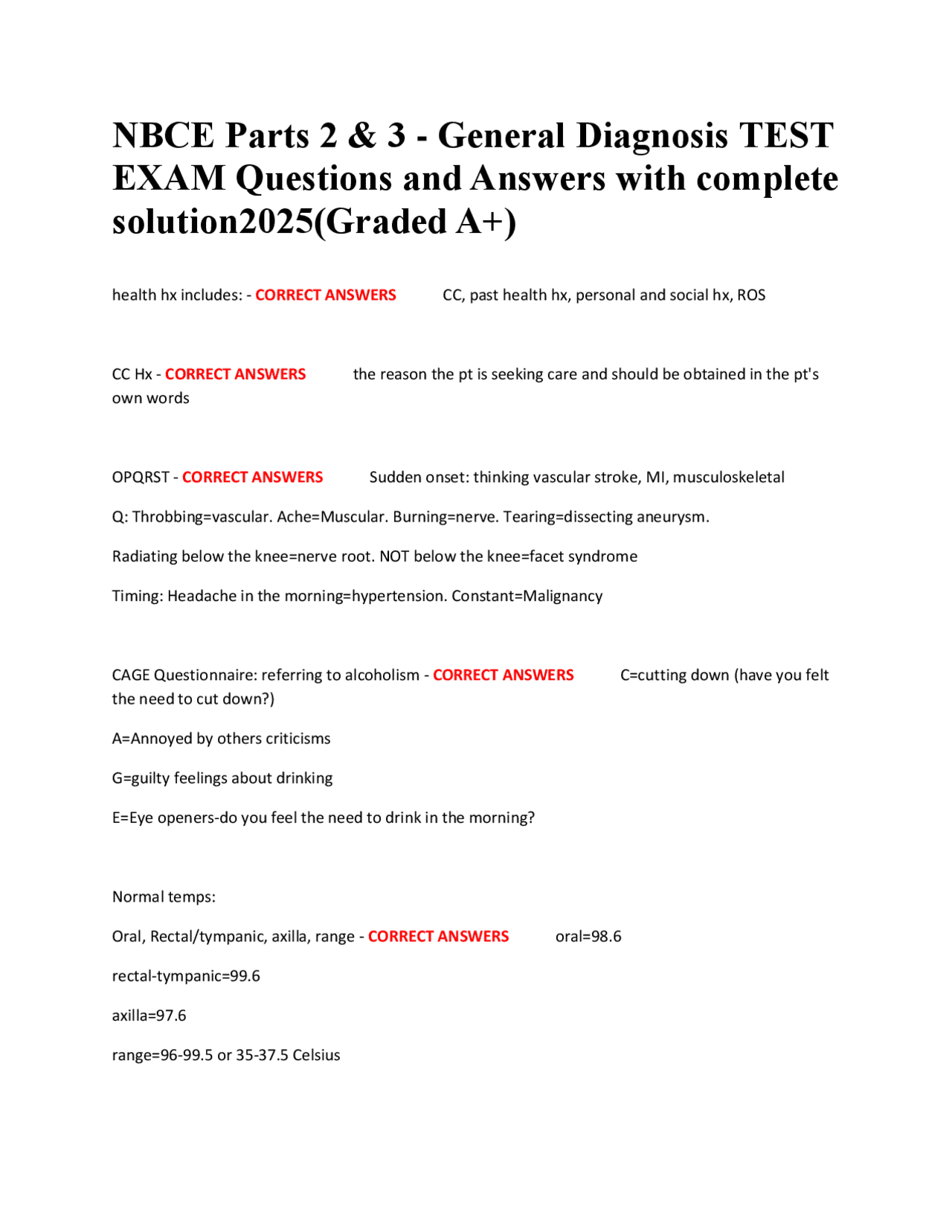 NBCE Parts 2 & 3 - General Diagnosis Test: Questions and Answers with ...