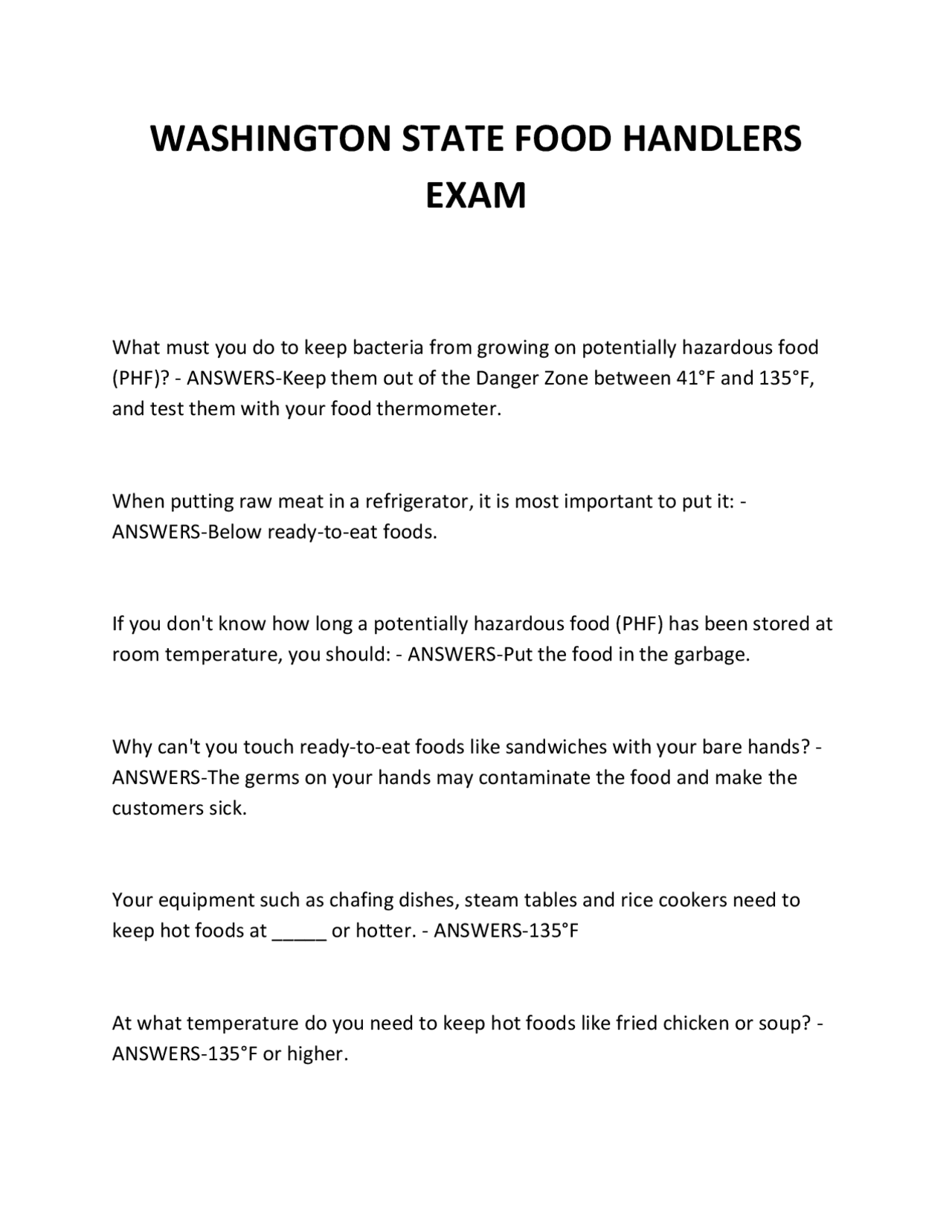 WASHINGTON STATE FOOD HANDLERS EXAM QUESTIONS AND ANSWERS 2025 | Exams ...