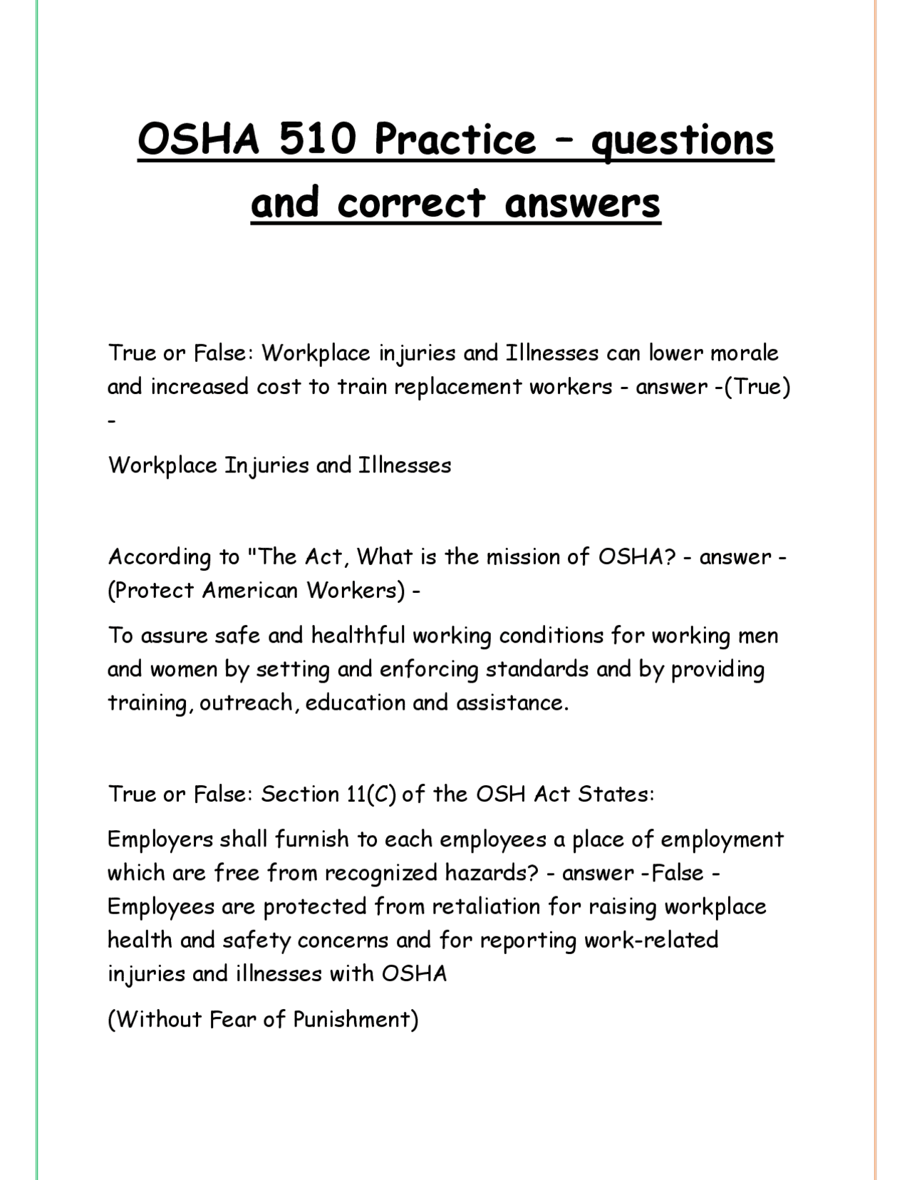 OSHA 510 Practice – questions and correct answers.pdf | Exams Nursing ...