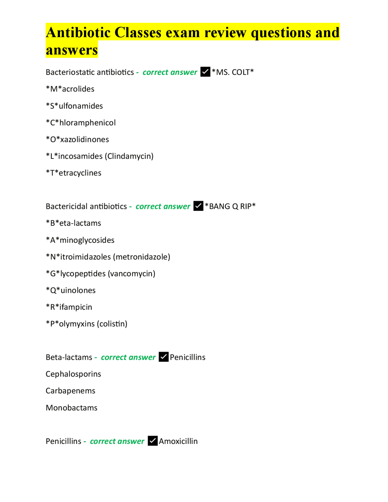 Antibiotic Classes exam review questions and answers. | Exams Nursing ...
