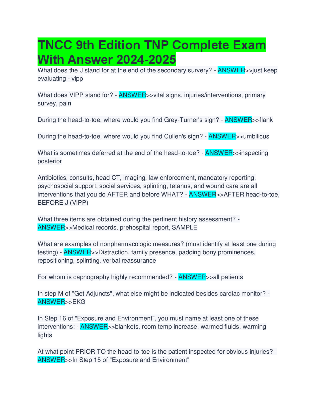 TNCC 9th Edition TNP Complete Exam With Answer 2024-2025 | Exams ...