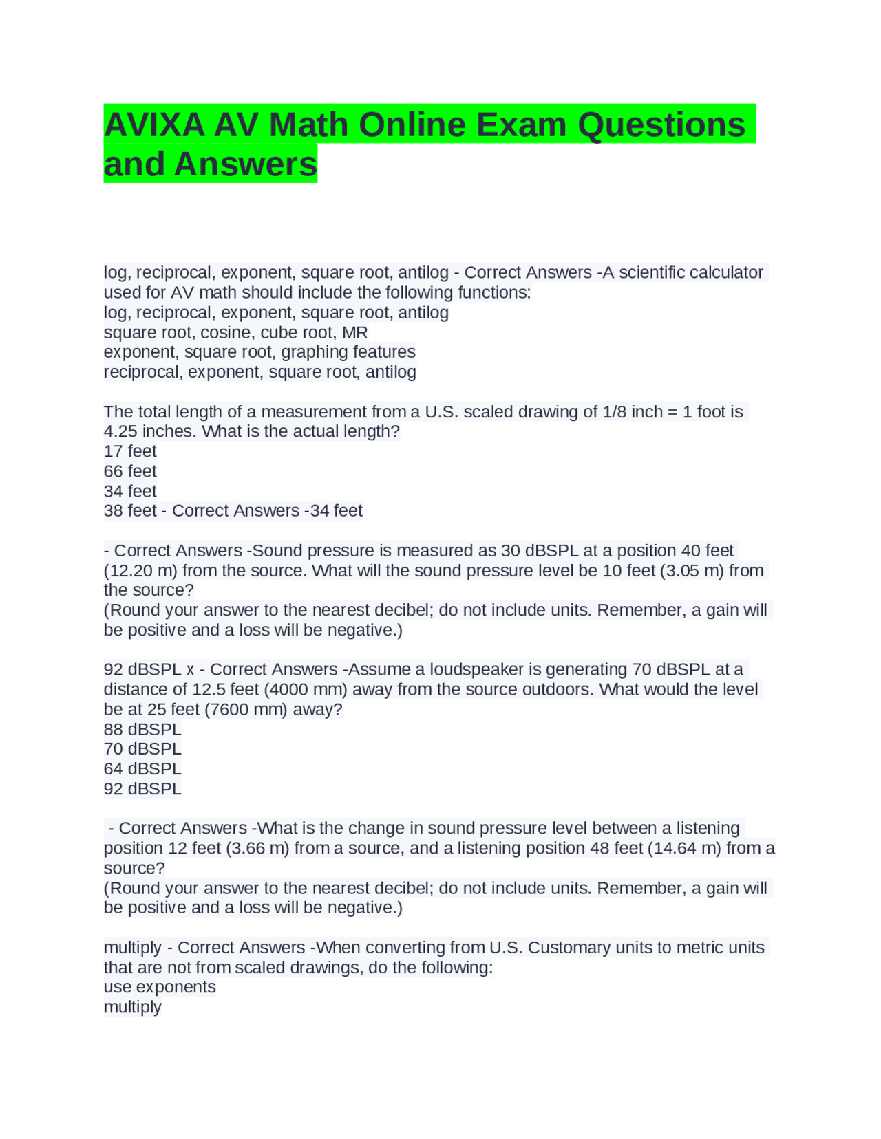 AVIXA AV Math Online Exam Questions and Answers | Updated | Fully ...