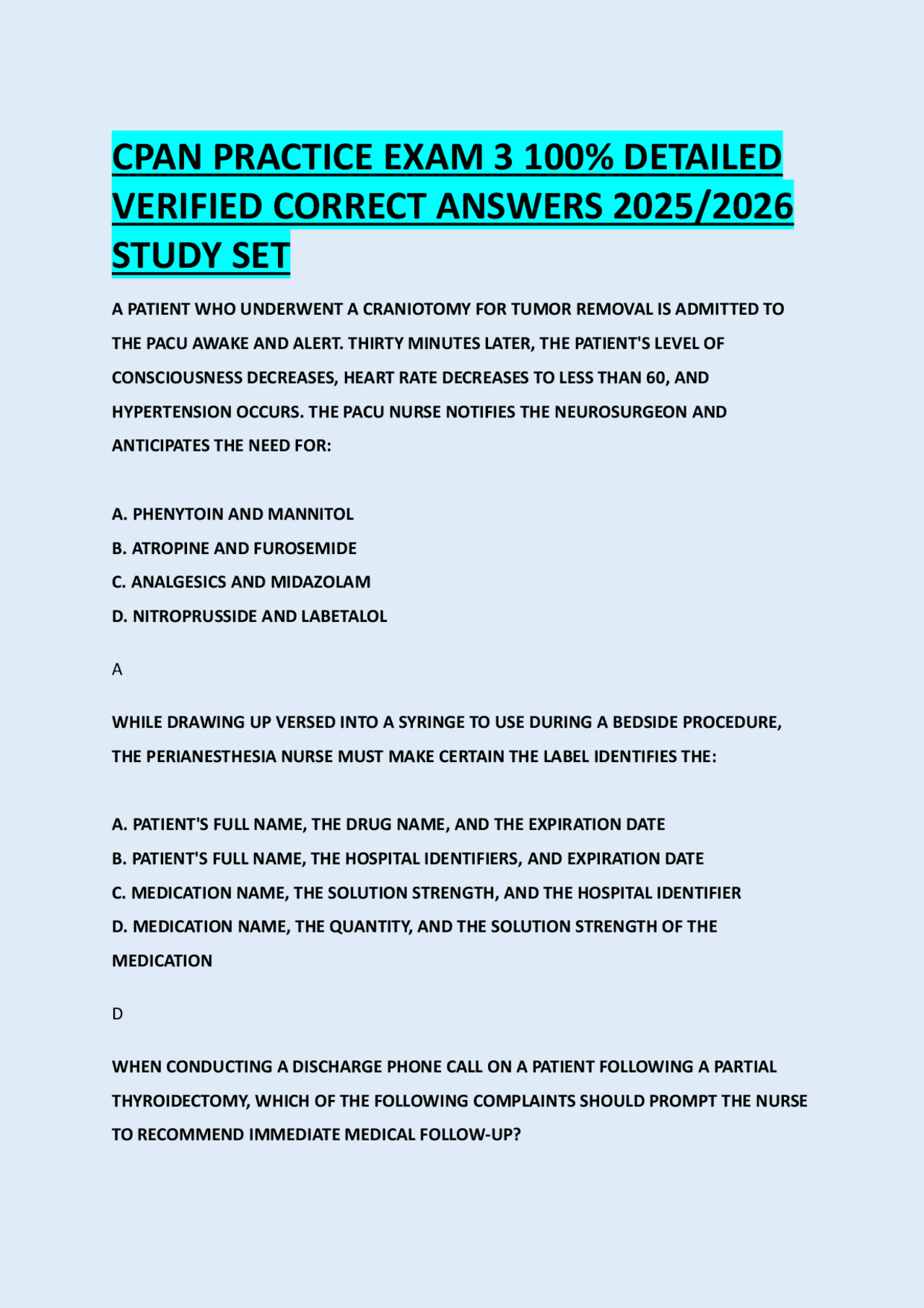 CPAN PRACTICE EXAM 3 100% DETAILED VERIFIED CORRECT ANSWERS 2025/2026 ...