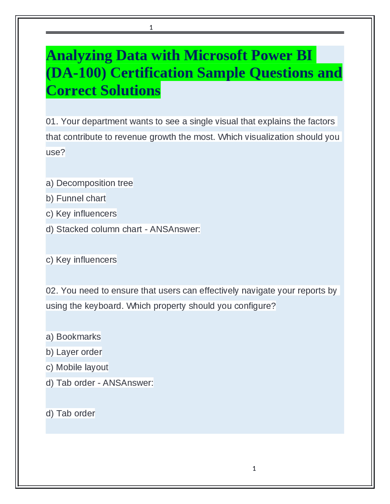Microsoft Power BI (DA-100) Certification: Sample Questions & Solutions ...