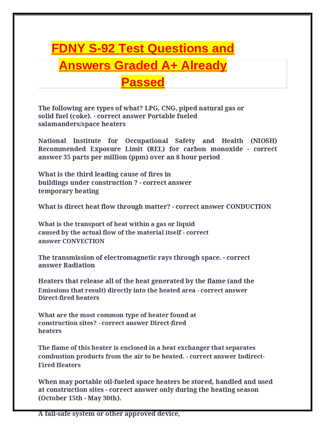 FDNY S-92 Test Questions and Answers | Exams Nursing | Docsity