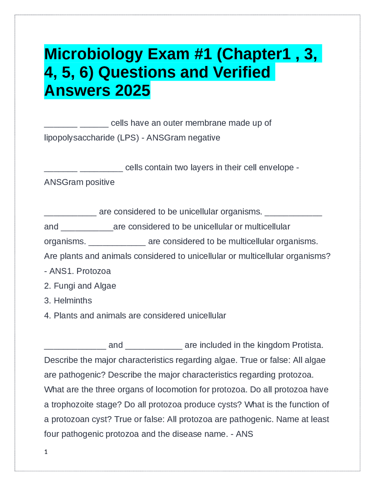 Microbiology Exam #1 (Chapter1 , 3, 4, 5, 6) Questions and Verified ...