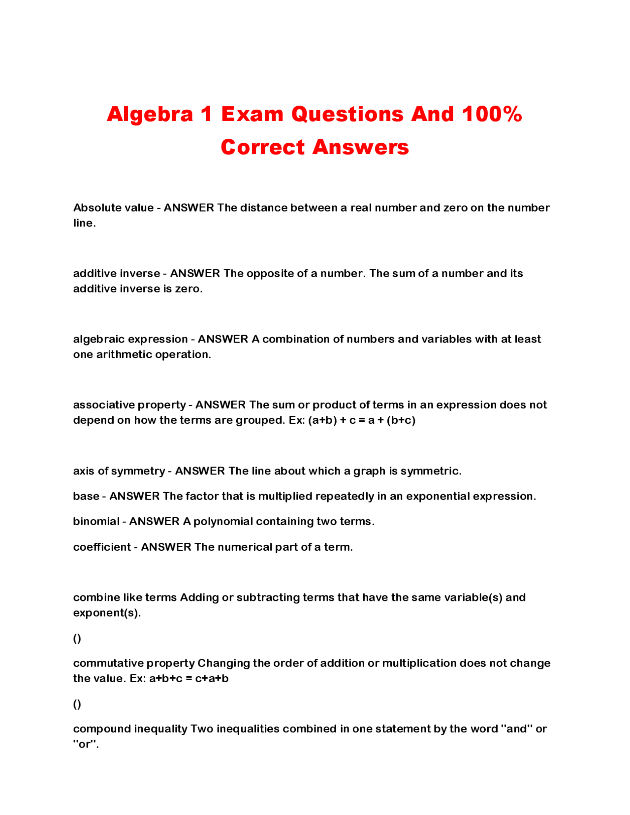 Algebra 1 Exam Questions and Answers: A Comprehensive Glossary of Key ...