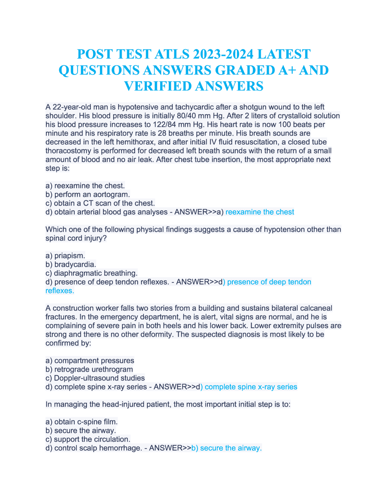POST TEST ATLS 2023-2024 LATEST QUESTIONS ANSWERS GRADED A+ AND ...