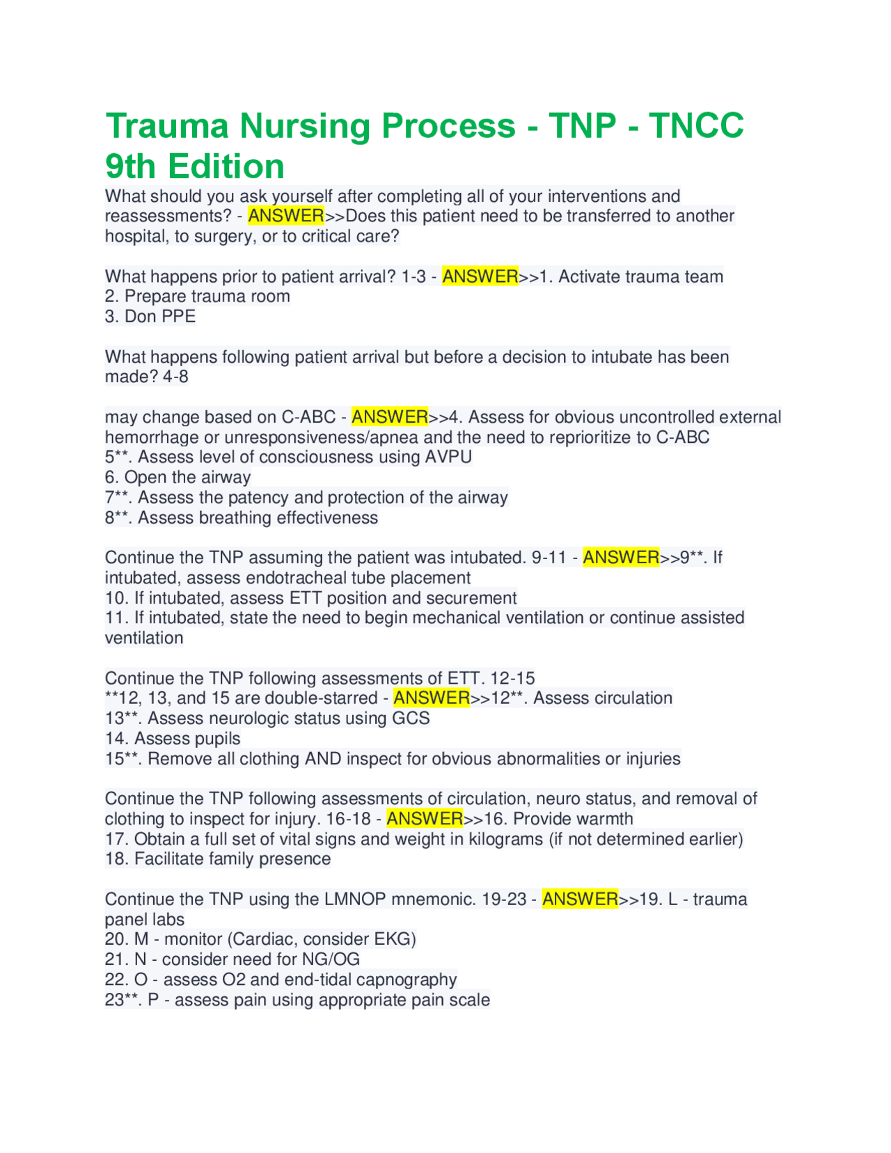 Trauma Nursing Process - TNP - TNCC 9th Edition | Exams Nursing | Docsity