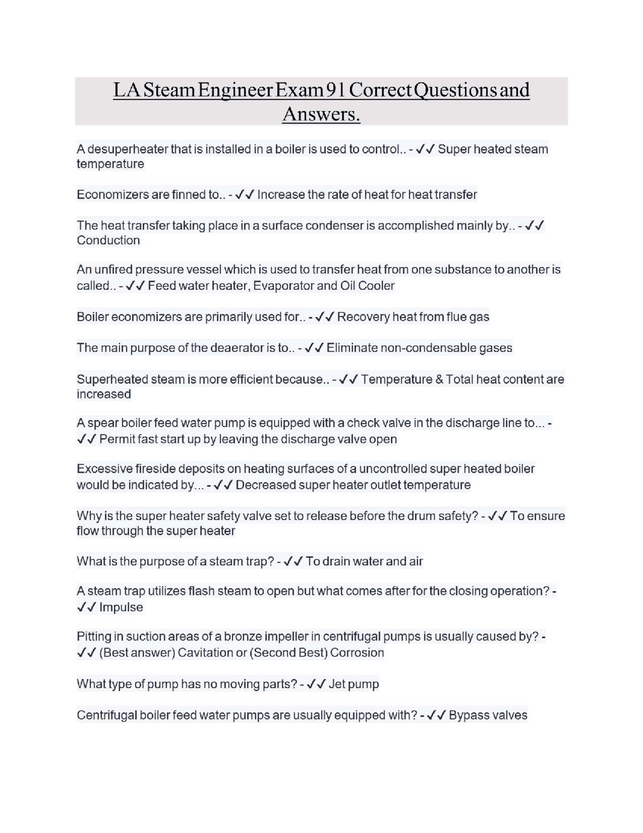 LA Steam Engineer Exam 91 Correct Questions and Answers. | Exams ...