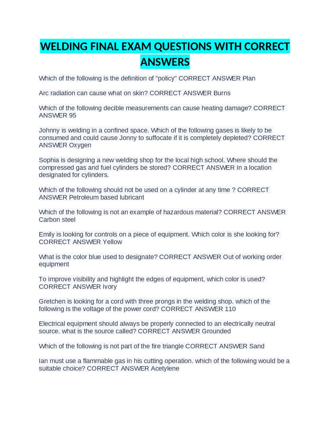 WELDING FINAL EXAM QUESTIONS WITH CORRECT ANSWERS | Exams Cosmetology ...