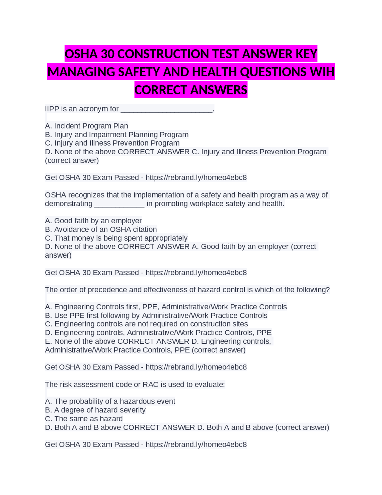 OSHA 30 Construction Test Answer Key: Managing Safety and Health ...