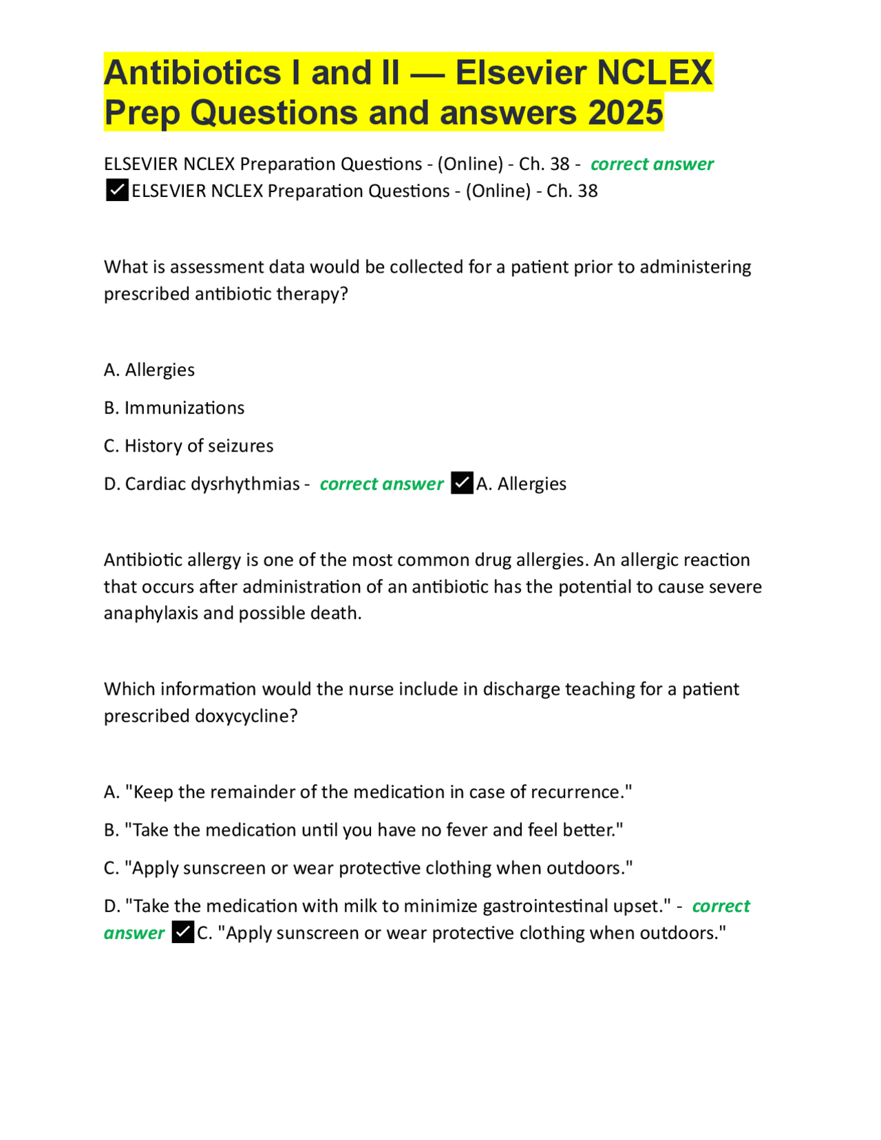 Antibiotics I and II — Elsevier NCLEX Prep Questions and answers 2025 ...