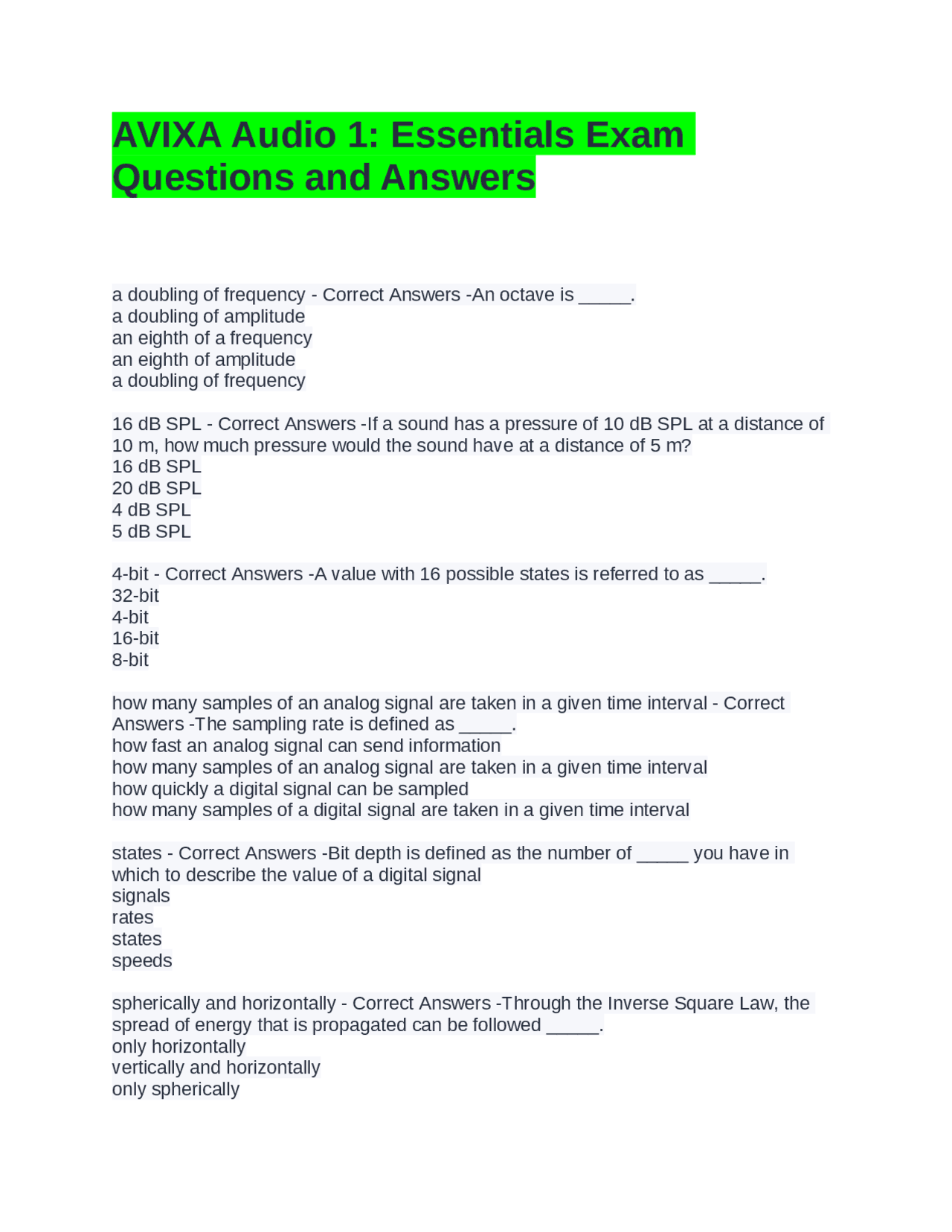 AVIXA Audio 1 Essentials Exam Questions and Answers 100% Fully Solved | Exams Advanced Education ...