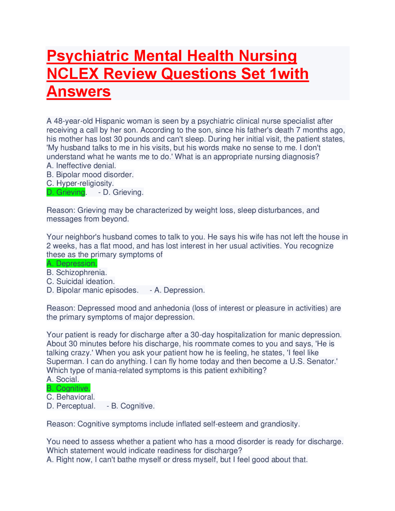 Psychiatric Mental Health Nursing NCLEX Review Questions Set 1with ...