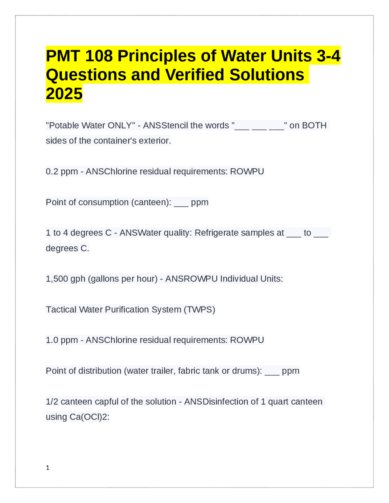 PMT 108 Principles of Water Units 3-4 Questions and Verified Solutions ...
