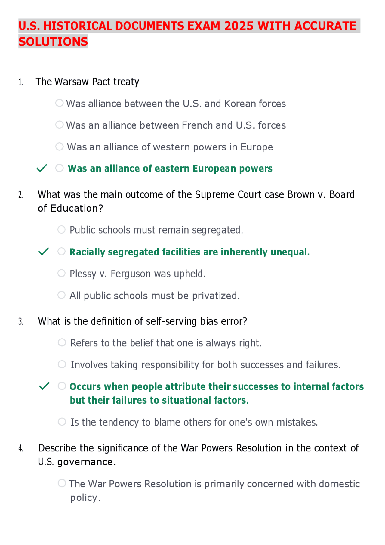 U.S. HISTORICAL DOCUMENTS EXAM 2025 WITH ACCURATE SOLUTIONS | Exams ...