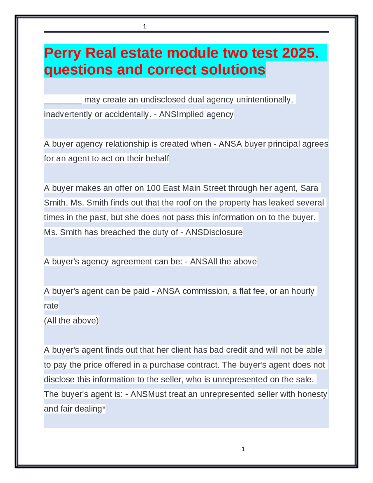 Perry Real estate module two test 2025. questions and correct solutions ...