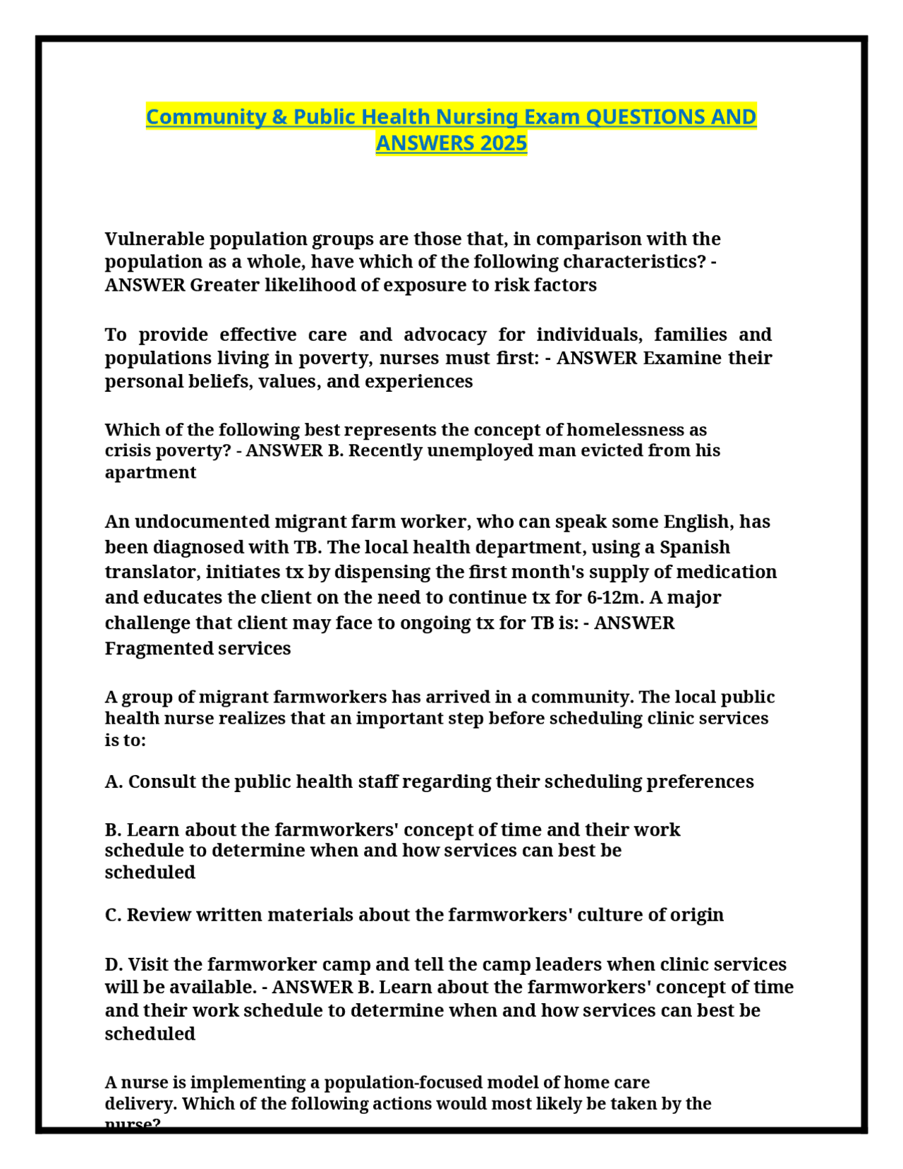 Community & Public Health Nursing Exam Questions and Answers | Exams ...