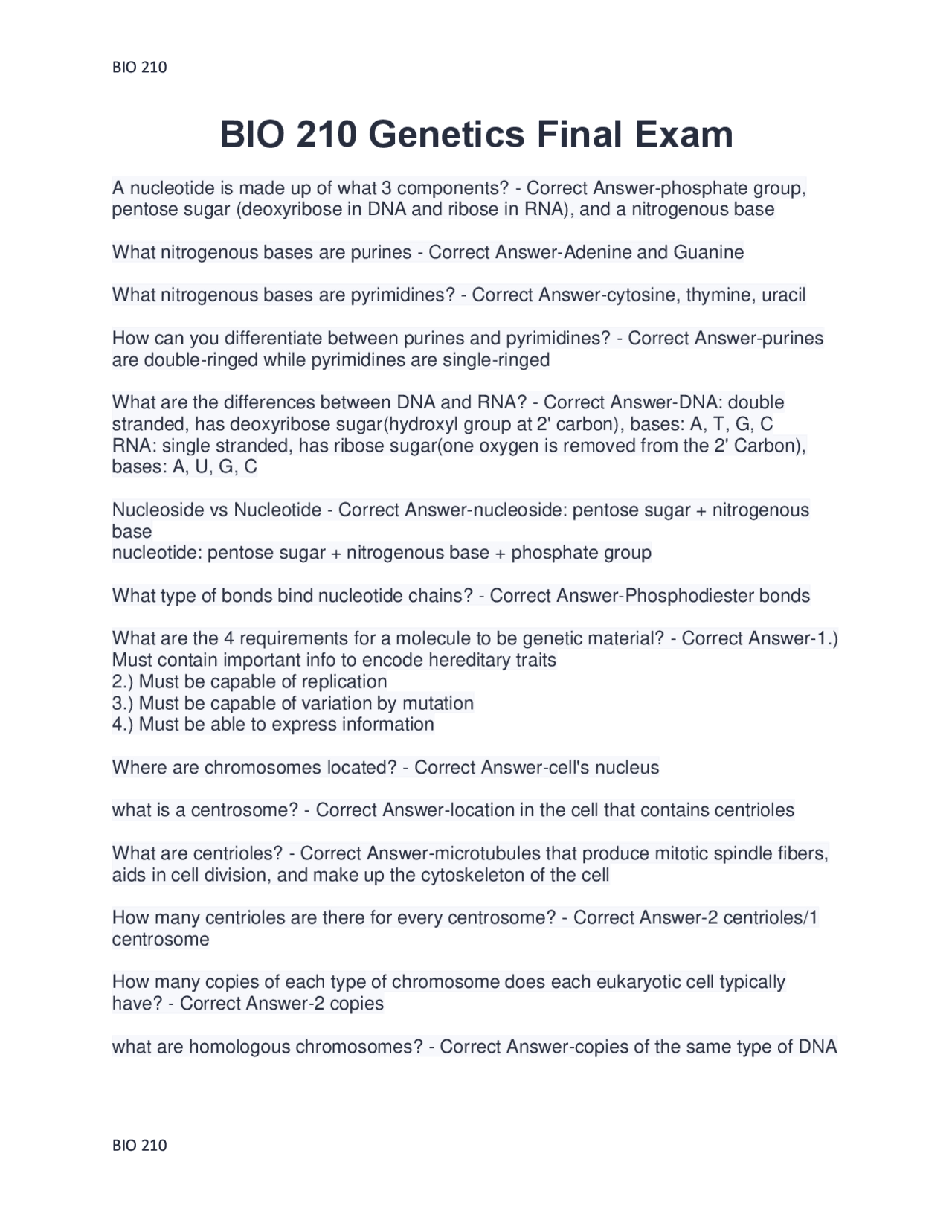 BIO 210 Genetics Final Exam | Exams Genetics | Docsity