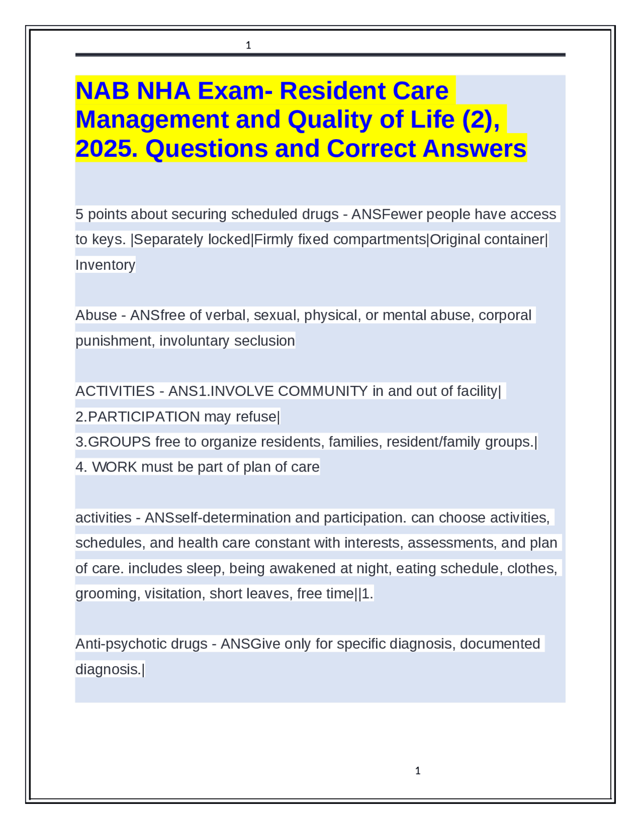 NAB NHA Exam- Resident Care Management and Quality of Life (2), 2025 ...