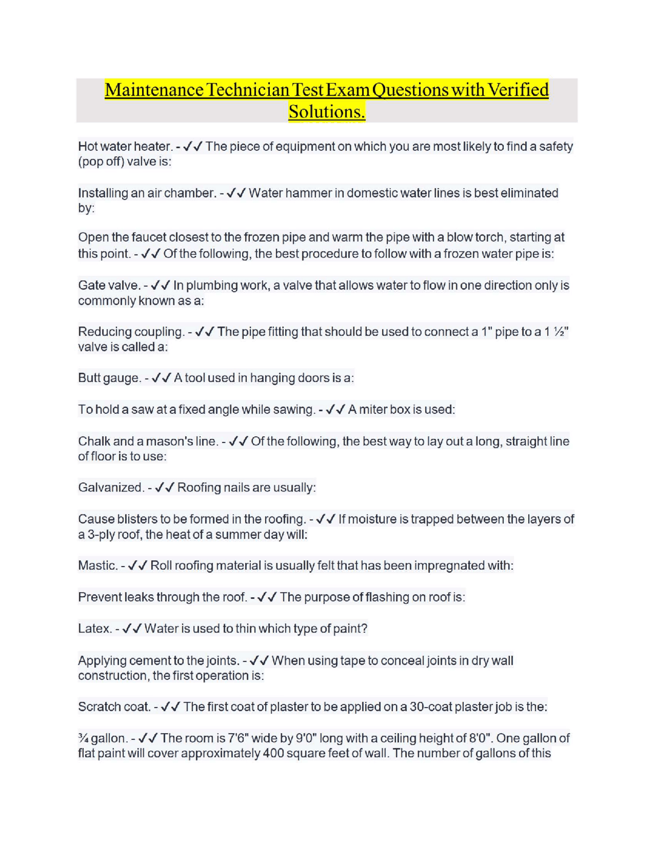 Maintenance Technician Test Exam Questions with Verified Solutions ...