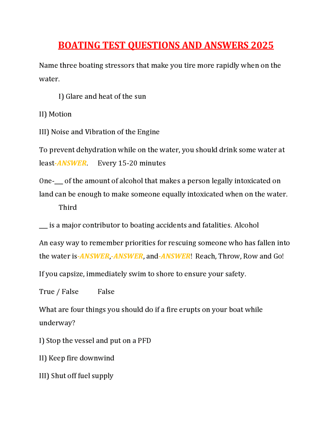 BOATING TEST QUESTIONS AND ANSWERS 2025 | Exams Engineering | Docsity