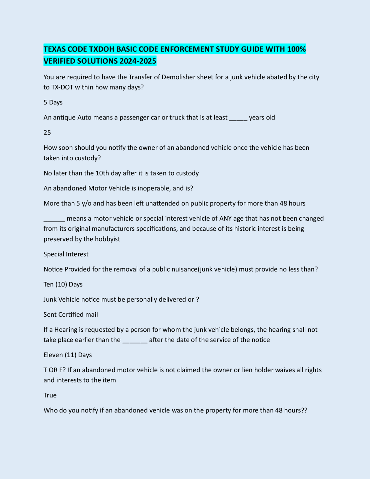 Texas Code TXDOH Basic Code Enforcement Study Guide with 100% Verified Solutions 2024-2025 ...