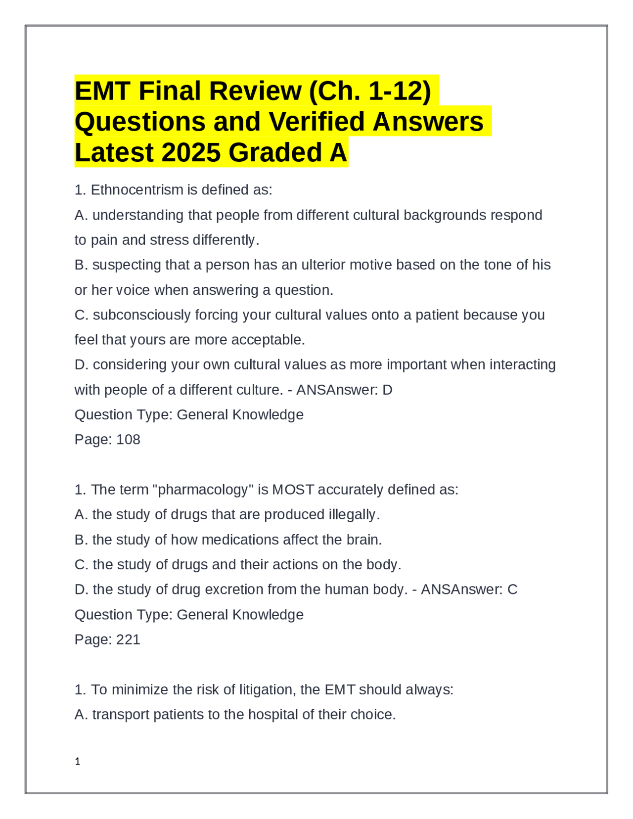 EMT Final Review (Ch. 1-12): Questions and Verified Answers | Exams ...