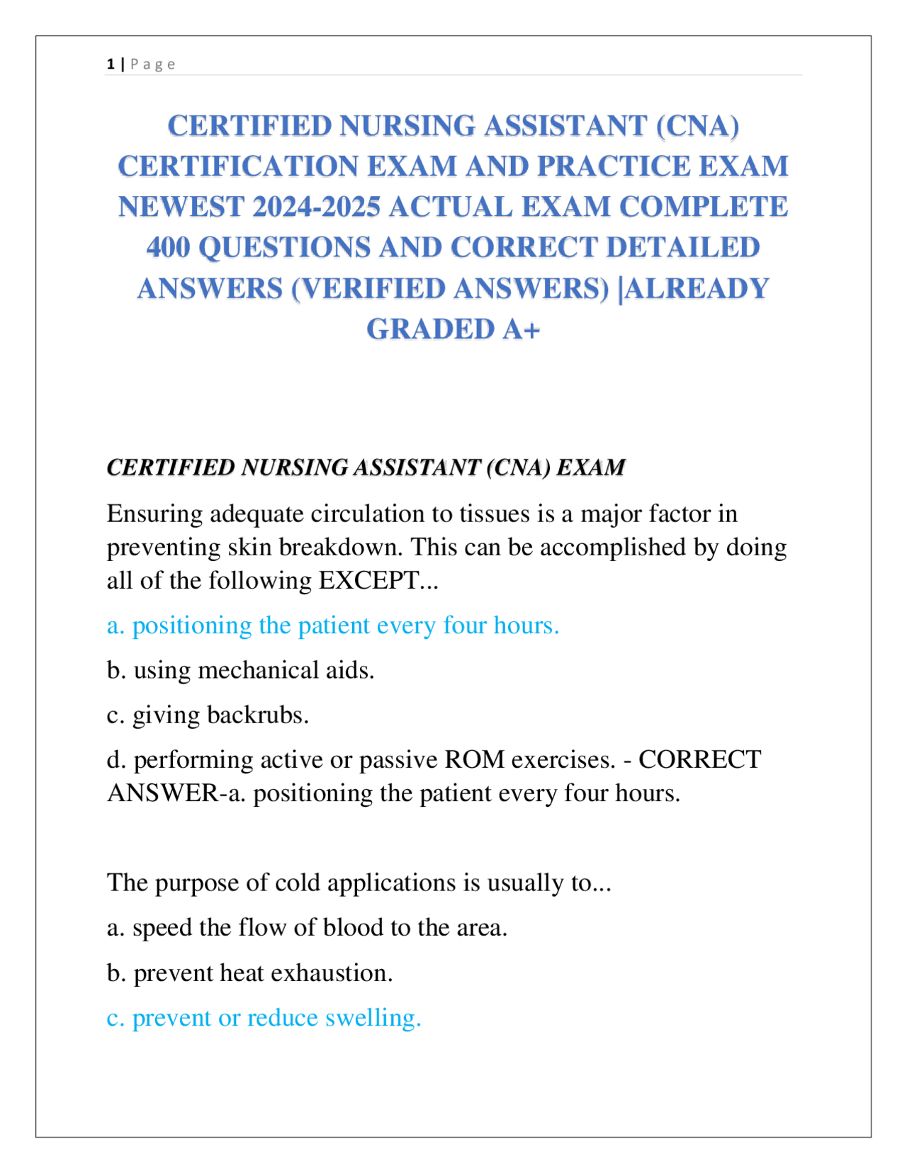 CERTIFIED NURSING ASSISTANT (CNA) CERTIFICATION EXAM AND PRACTICE EXAM ...