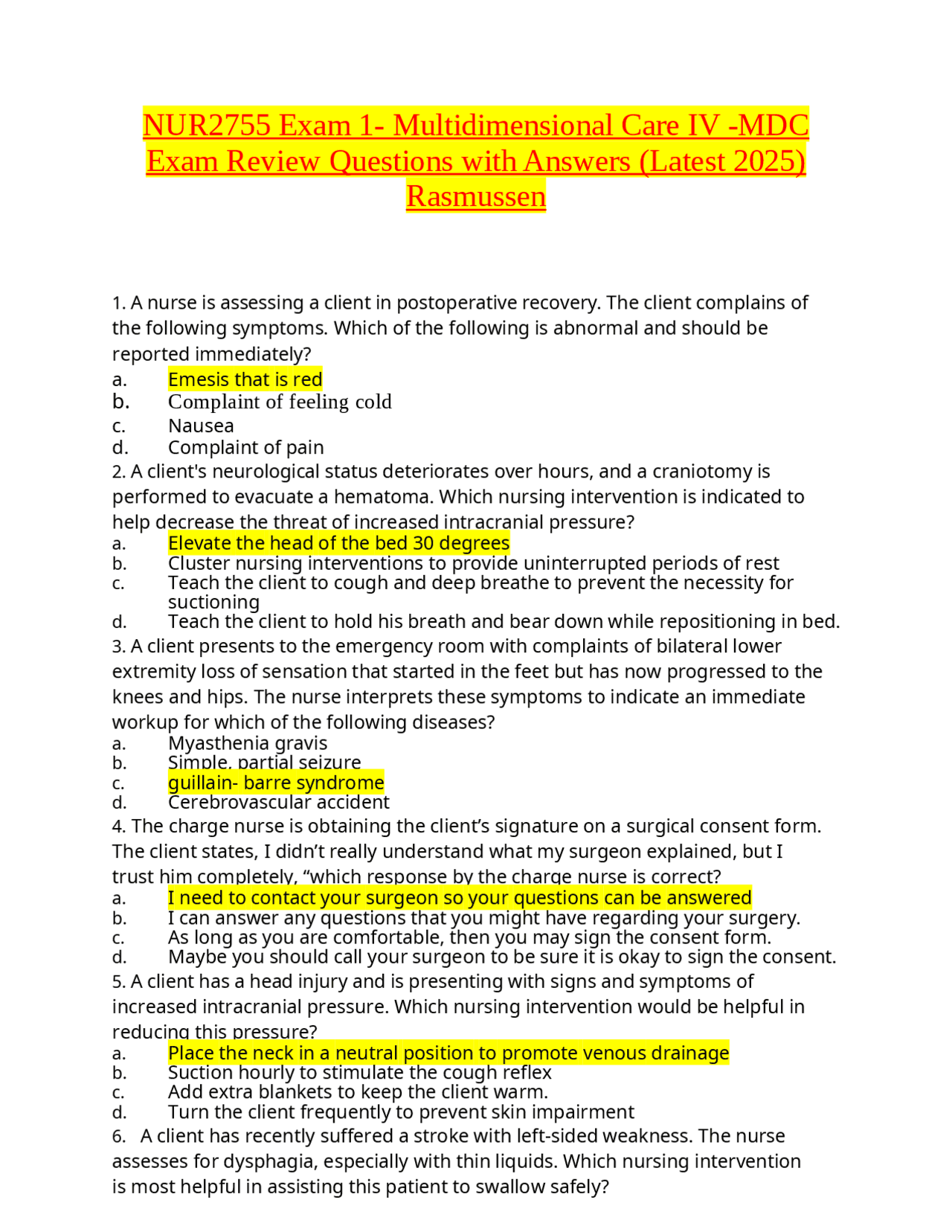 NUR2755 Exam 1- Multidimensional Care IV -MDC Exam Review Questions ...