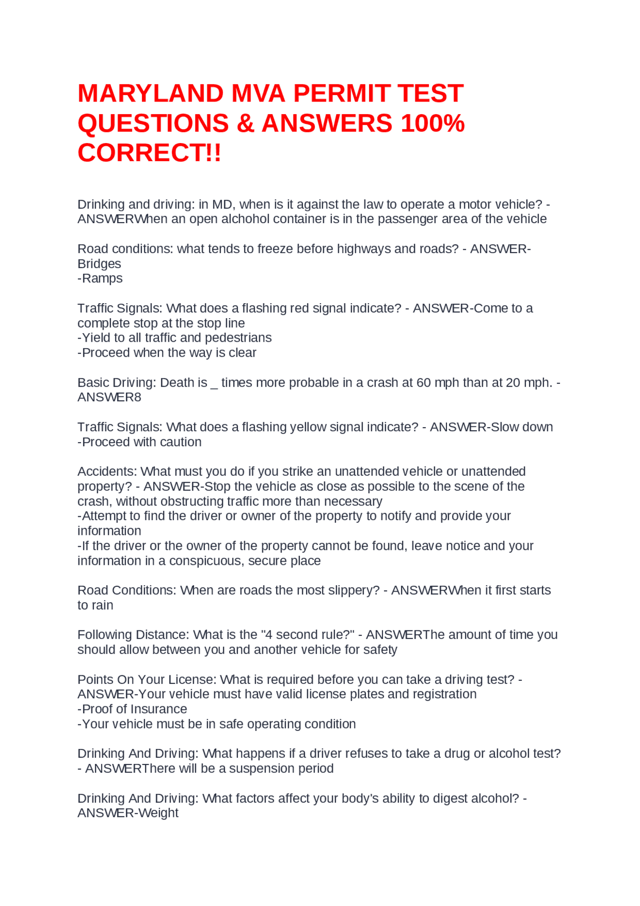 Maryland MVA Permit Test Questions & Answers | Exams Advanced Education ...
