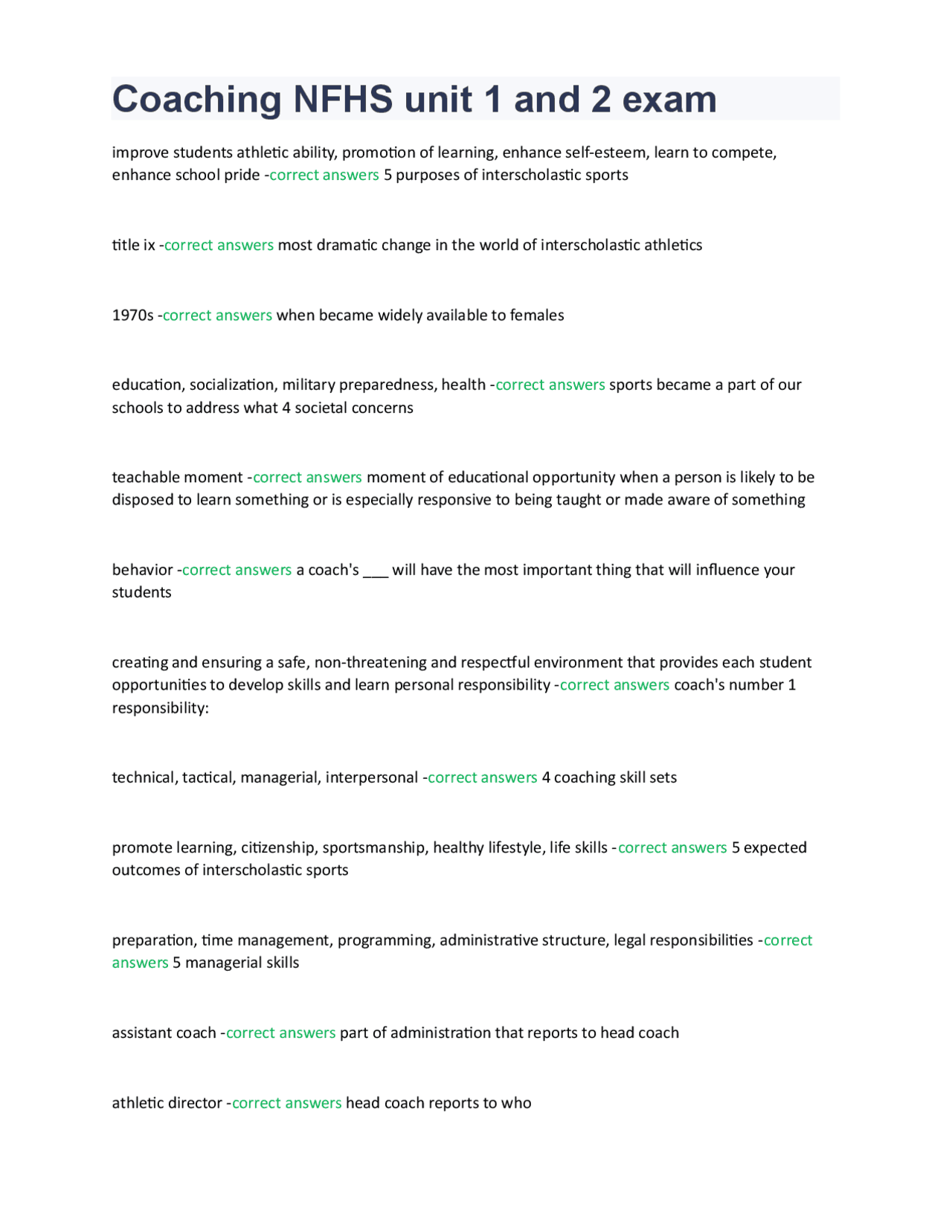 Coaching NFHS unit 1 and 2 exam | Exams Nursing | Docsity