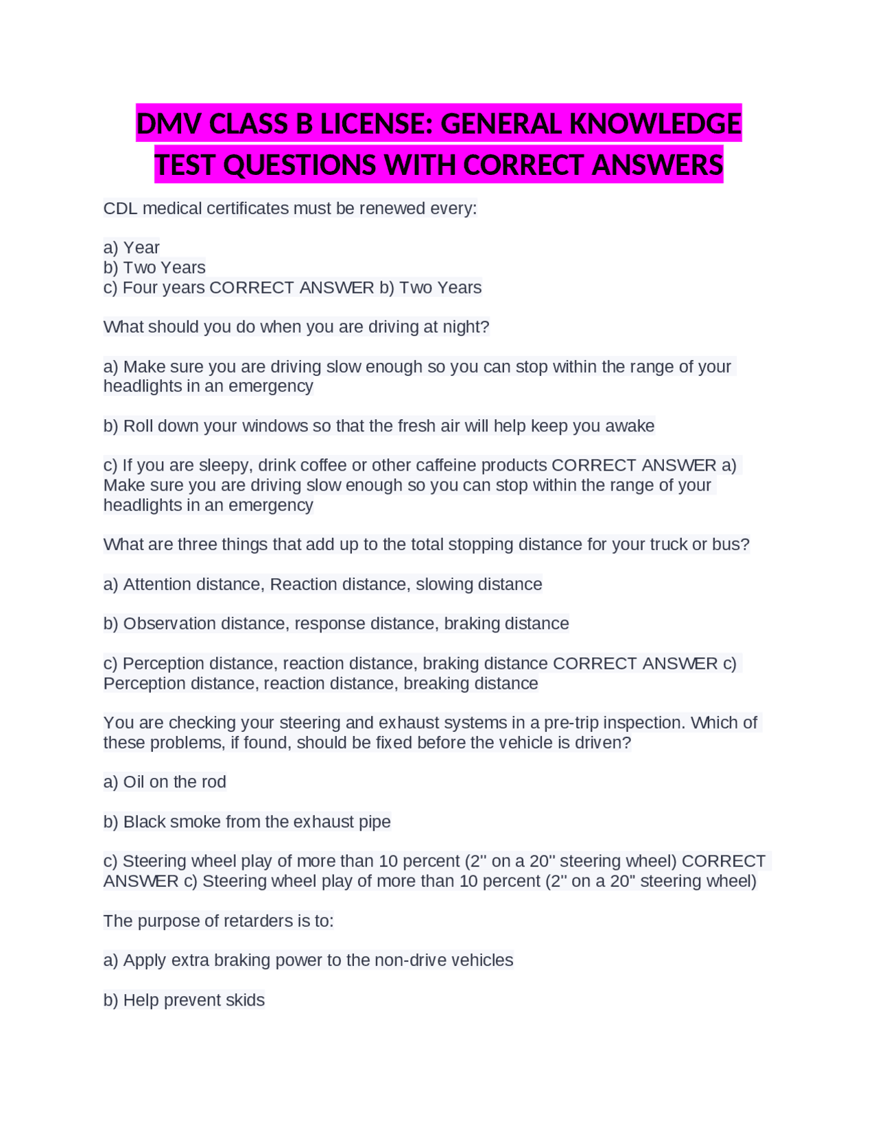 DMV CLASS B LICENSE: GENERAL KNOWLEDGE TEST QUESTIONS WITH CORRECT ...