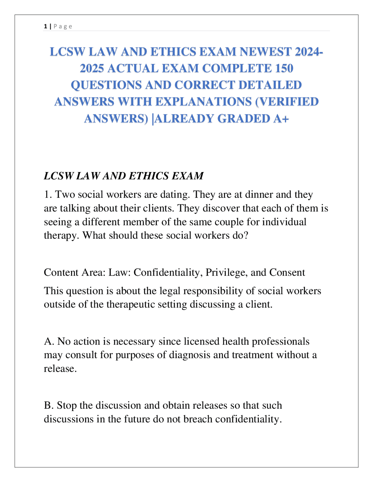 LCSW LAW AND ETHICS EXAM NEWEST 2024 2025 ACTUAL EXAM COMPLETE 150 ...