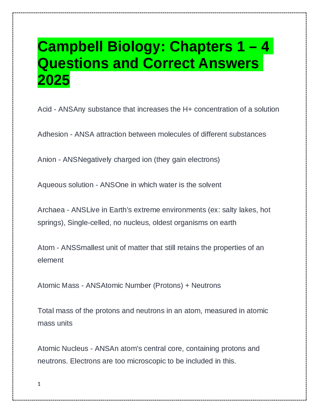 Campbell Biology: Chapters 1 – 4 Questions and Correct Answers 2025 ...