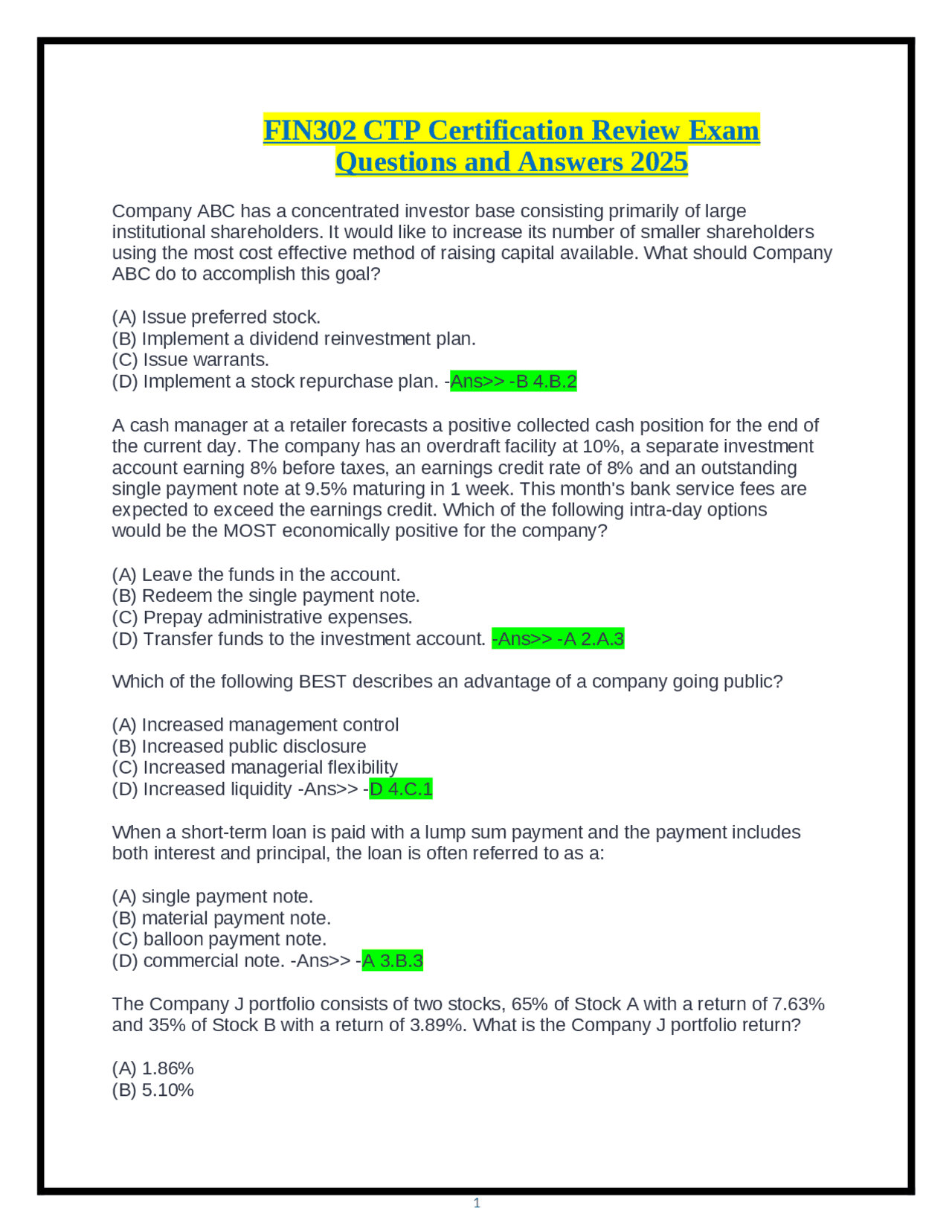 FIN302 CTP Certification Review Exam Questions and Answers 2025 | Exams ...