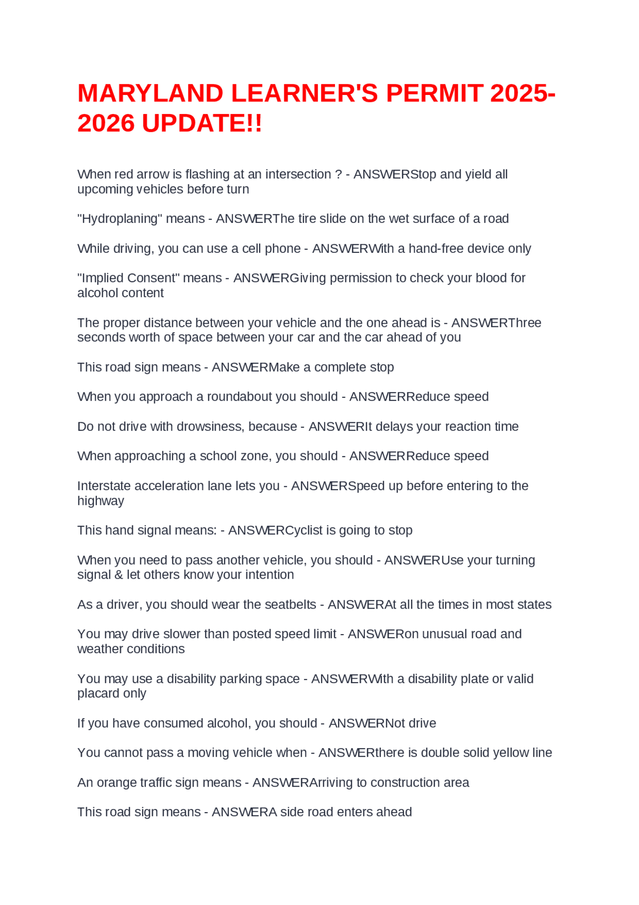 MARYLAND LEARNER'S PERMIT 2025-2026 UPDATE!! | Exams Advanced Education ...