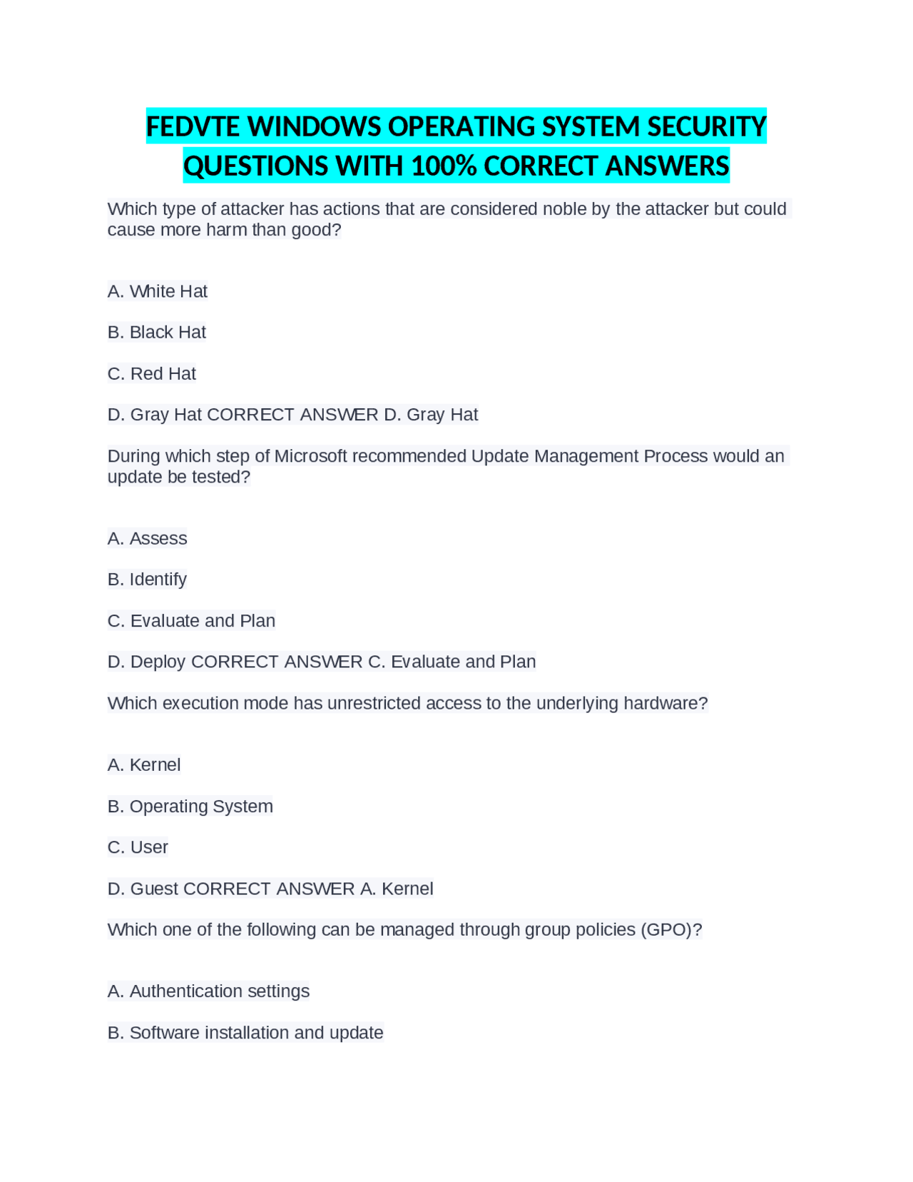 FEDVTE WINDOWS OPERATING SYSTEM SECURITY QUESTIONS WITH 100% CORRECT ANSWERS | Exams Computer ...