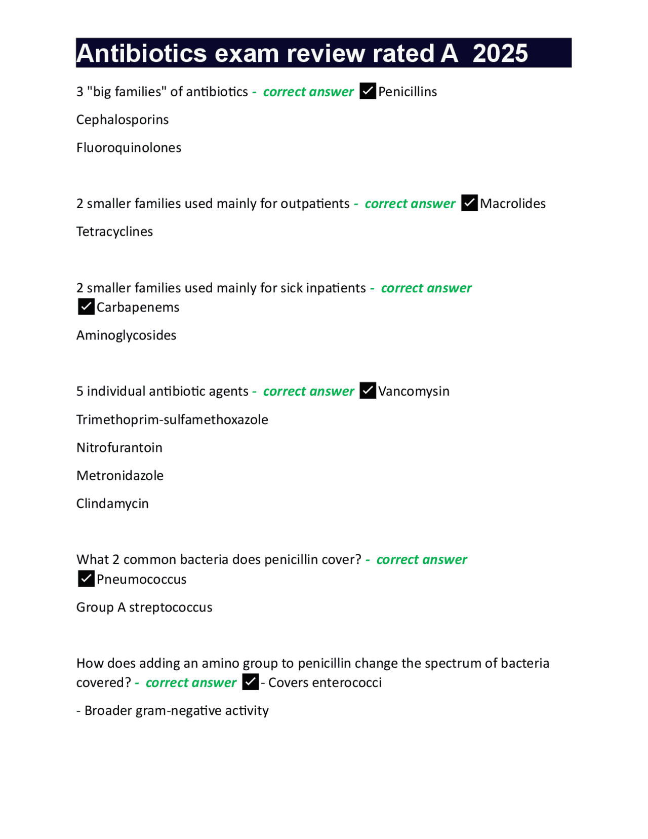 Antibiotics exam review rated A 2025. | Exams Nursing | Docsity