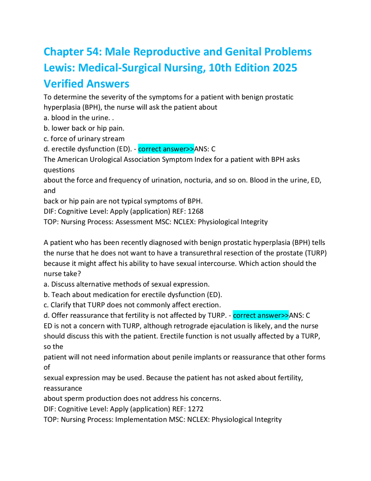 Chapter 54: Male Reproductive and Genital Problems Lewis: Medical ...