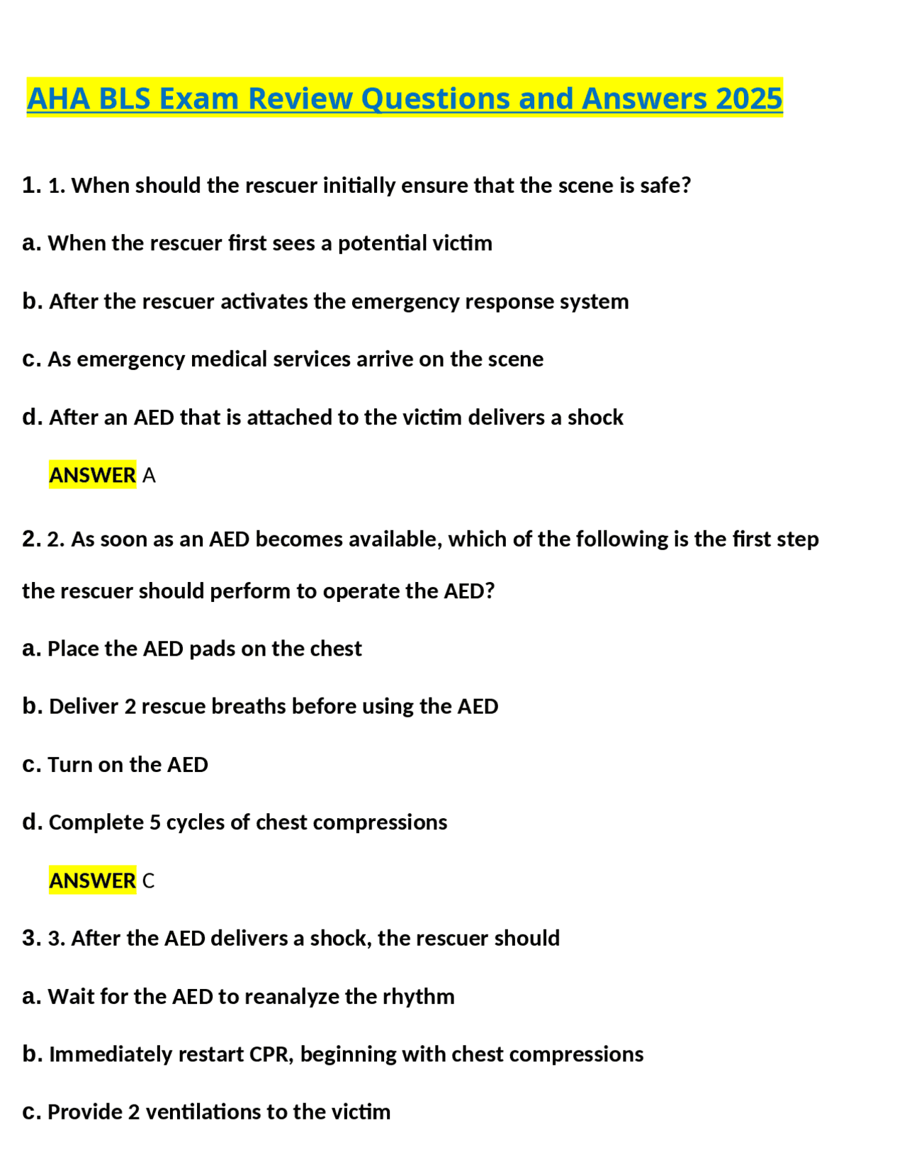 AHA BLS Exam Review Questions and Answers 2025 | Exams Nursing | Docsity