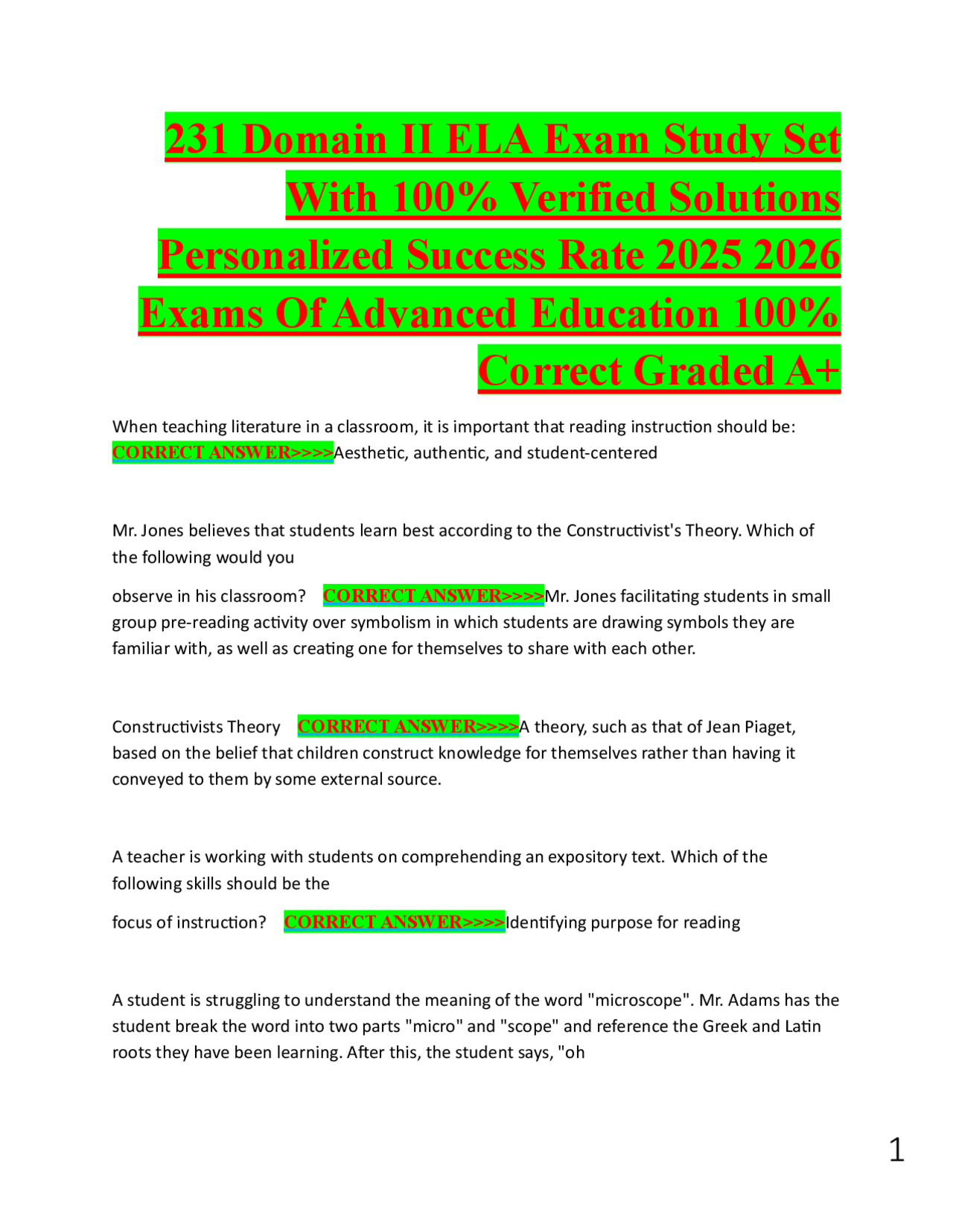 231 Domain II ELA Exam Study Set With 100% Verified Solutions ...