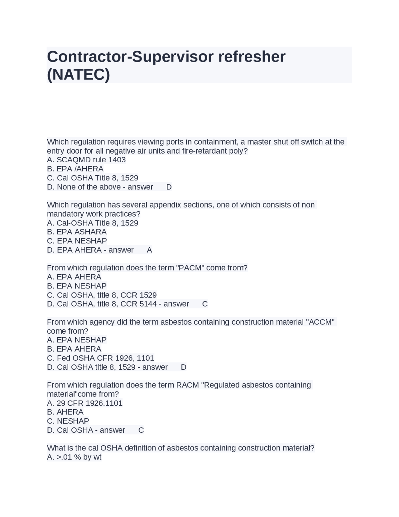Contractor-Supervisor Refresher: Asbestos Regulations and Standards ...