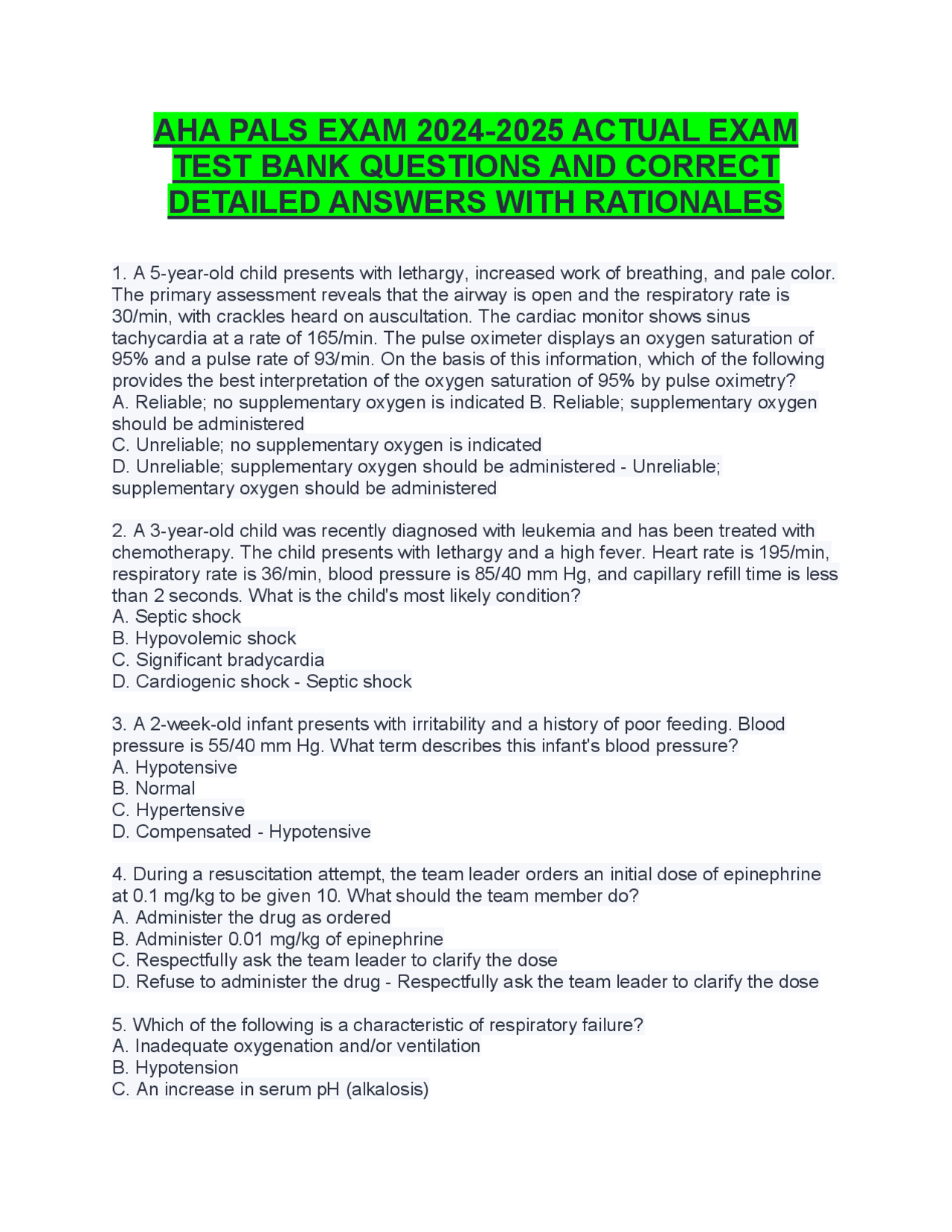 AHA PALS Exam 2024-2025: Test Bank Questions and Answers with ...