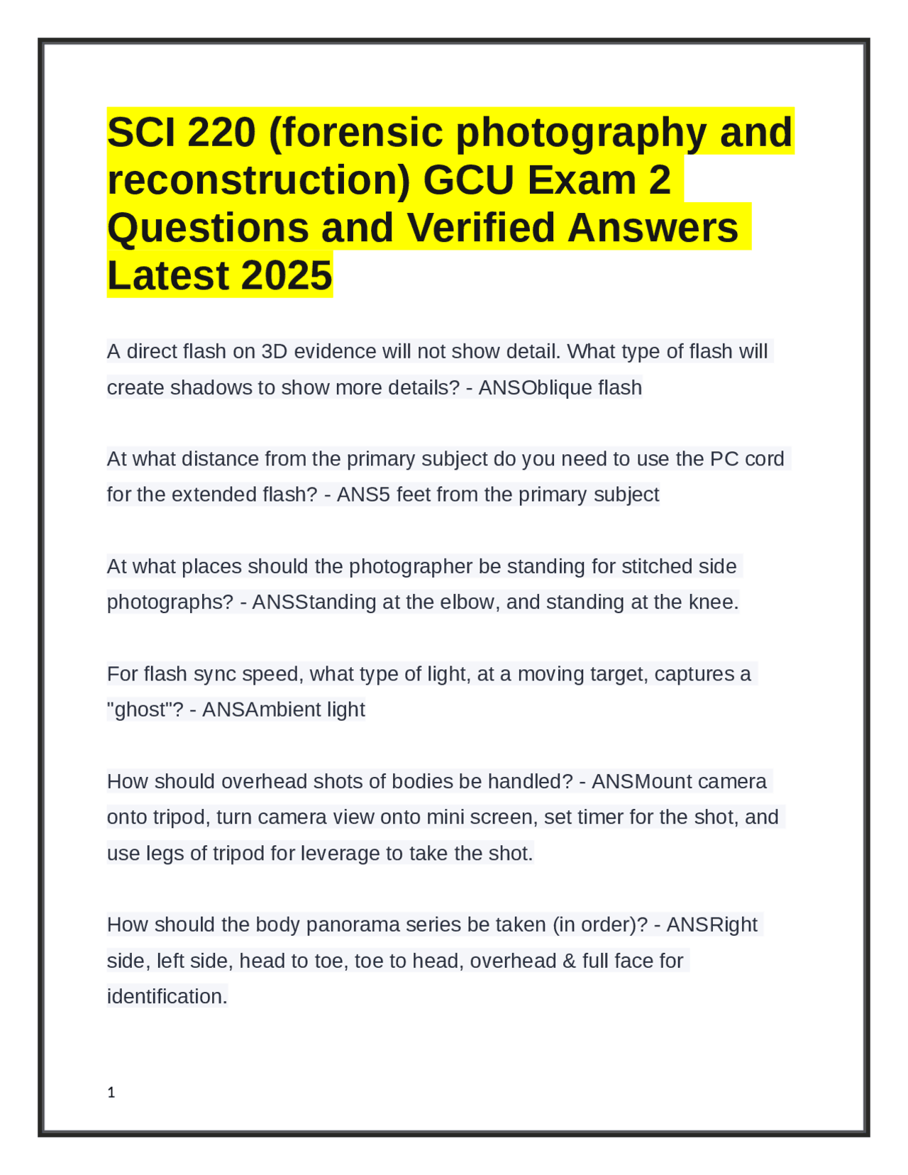 SCI 220 (forensic photography and reconstruction) GCU Exam 2 Q $ A ...