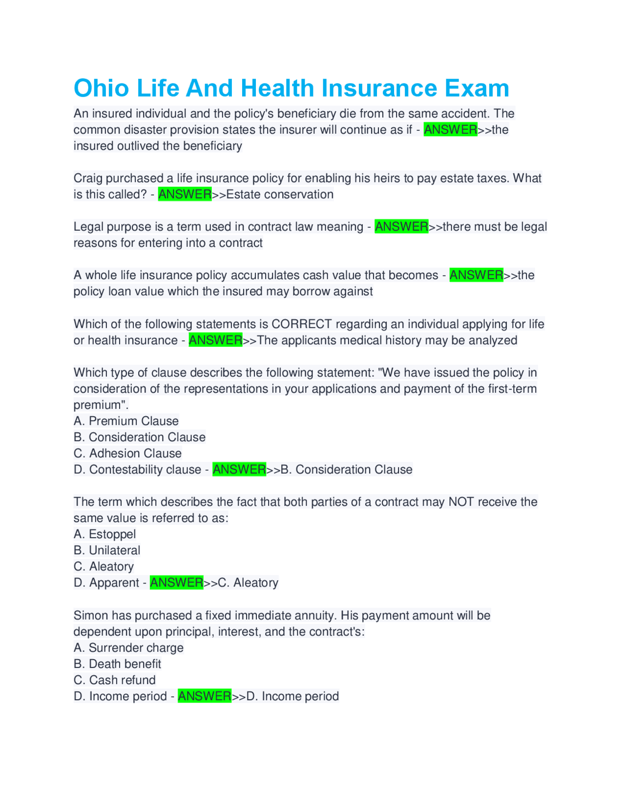 Ohio Life And Health Insurance Exam 2025 | Exams Insurance law | Docsity