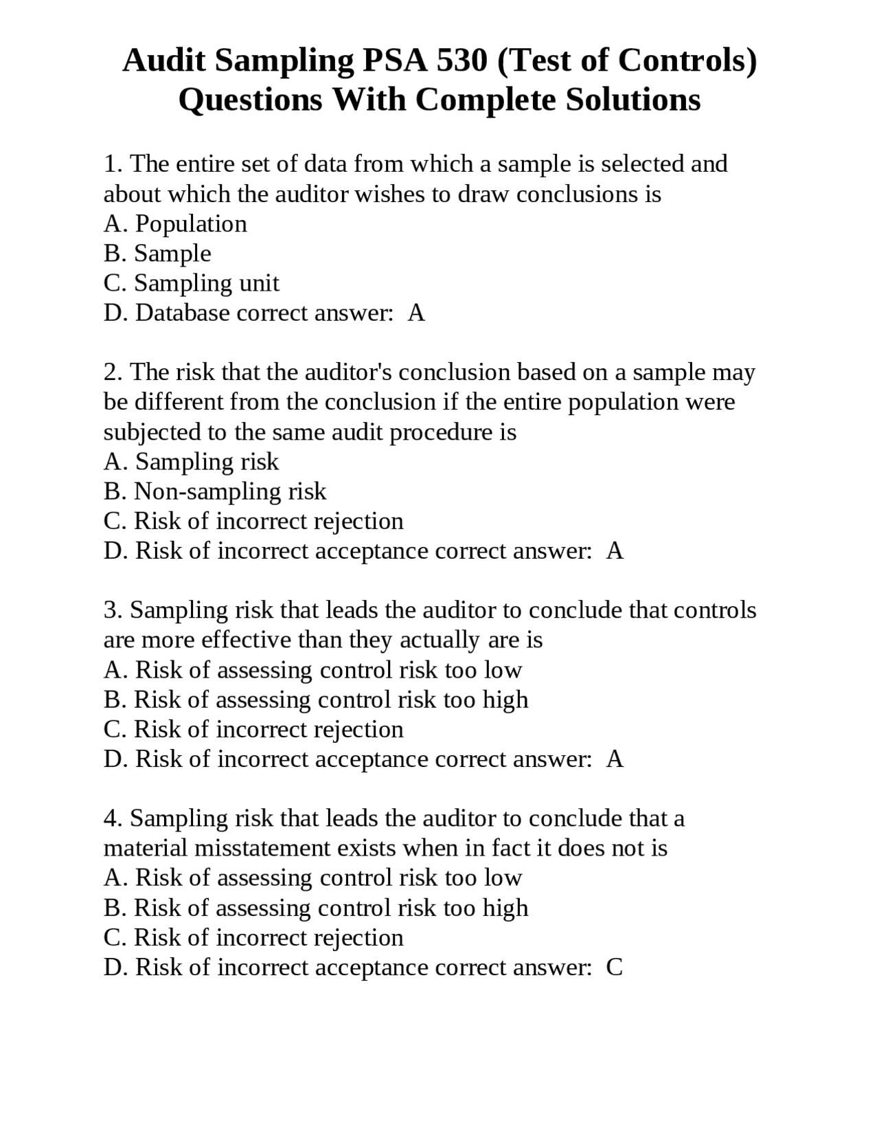 Audit Sampling PSA 530 (Test of Controls) Questions With Complete ...