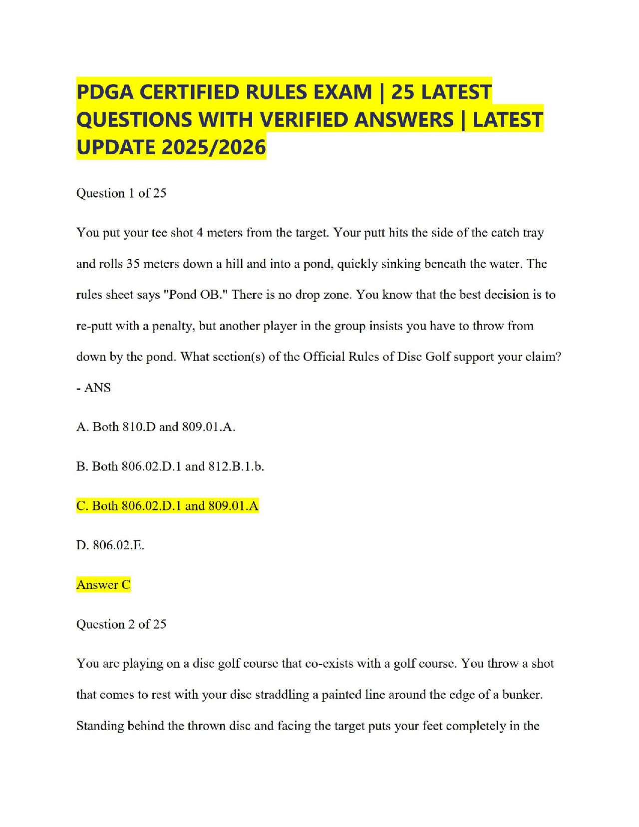 PDGA CERTIFIED RULES EXAM | 25 LATEST QUESTIONS WITH VERIFIED ANSWERS ...